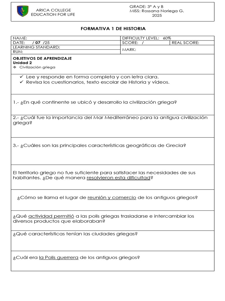 Ev. Formativa Historia U-2 Grecia | PDF