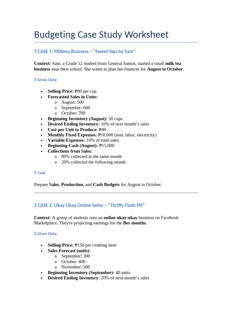Budgeting Case Study Worksheet | PDF | Inventory | Sales