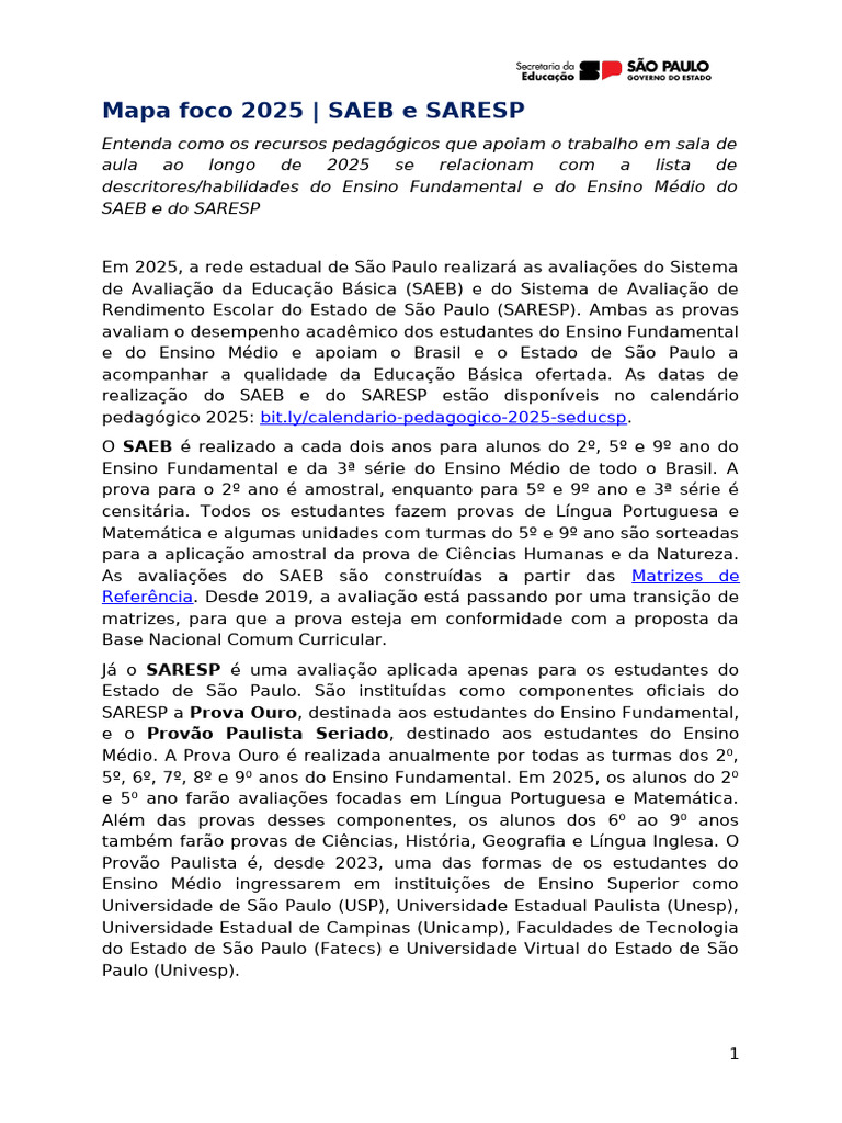 Mapa Foco 2025: SAEB e SARESP | PDF | Número racional | Matemática