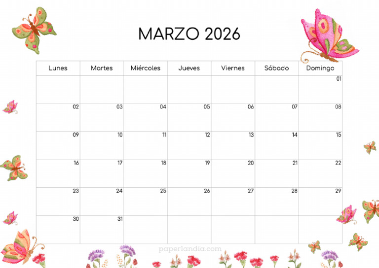 Calendario Es 2026 A4 Mariposas Mes 03 | PDF