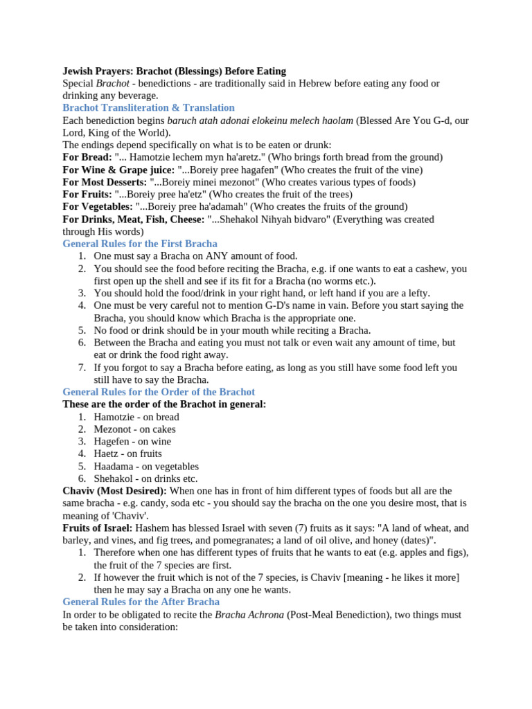 Jewish Prayers Brachot (Blessings) Before Eating | PDF | Foods | Cuisine