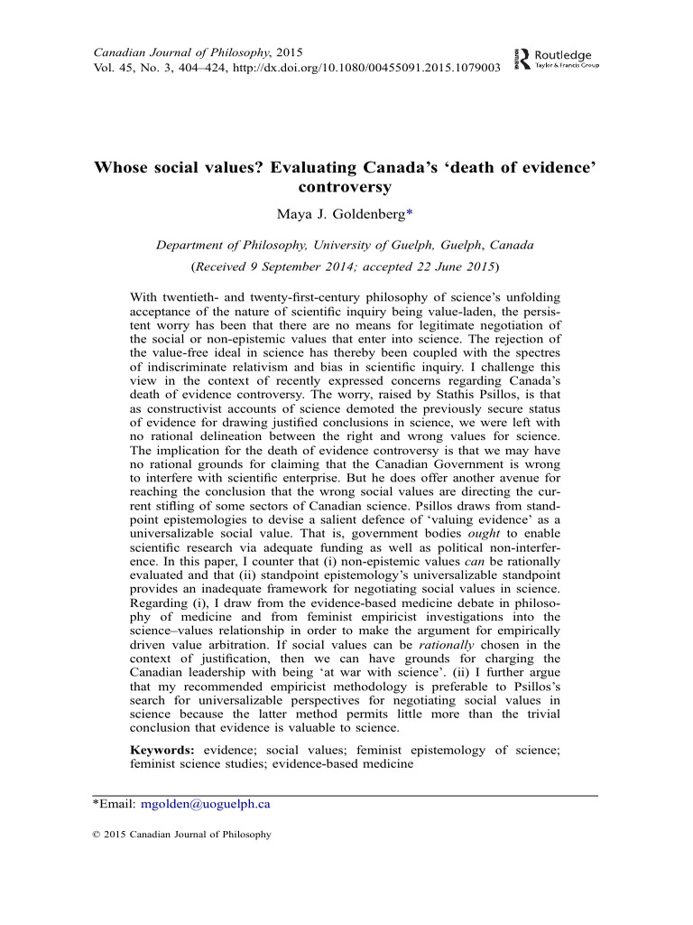 Whose Social Values Evaluating Canadas Death of Evidence Controversy ...