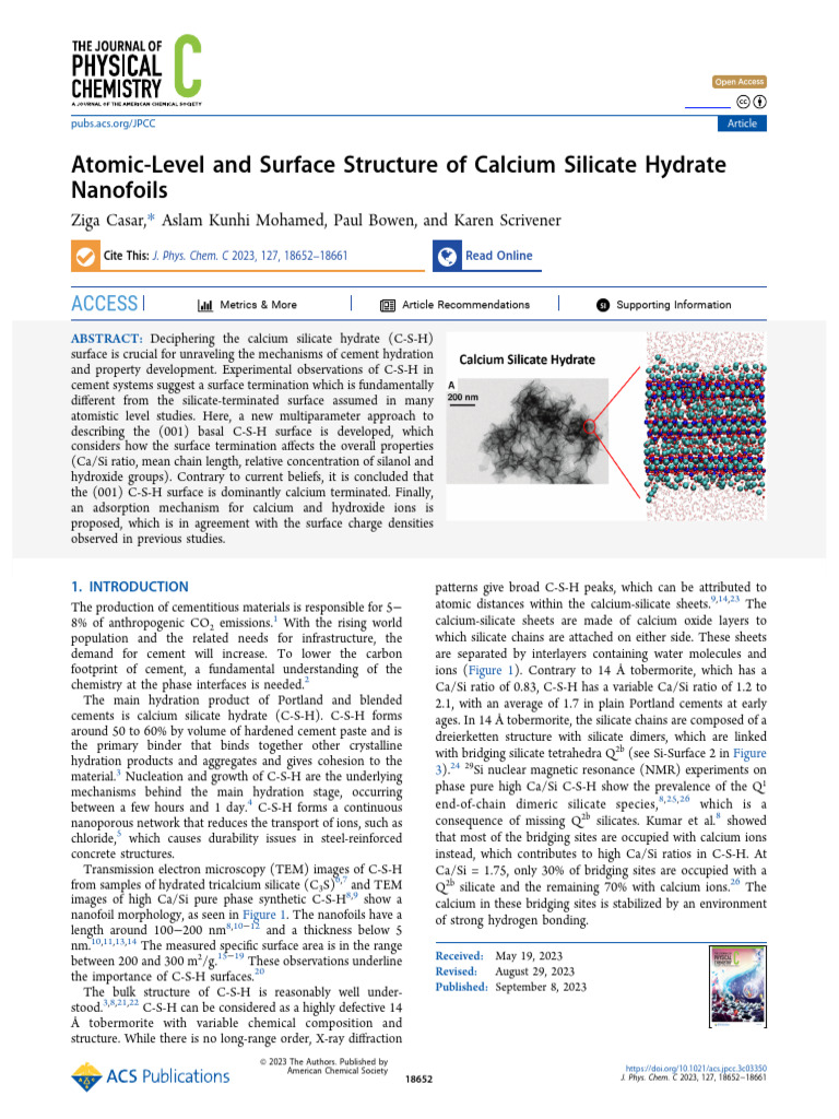 Casar Et Al 2023 Atomic Level and Surface Structure of Calcium Silicate ...