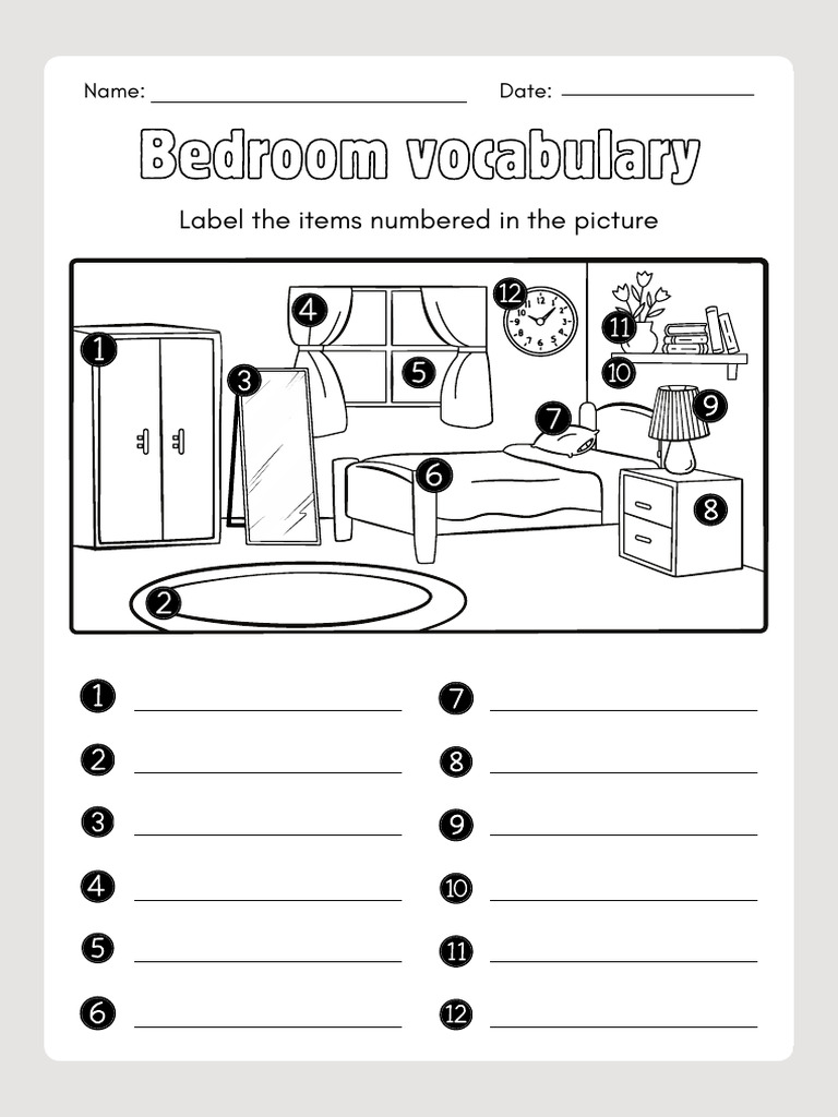 Bedroom Vocabulary Worksheet in Black and White Minimalist Style | PDF
