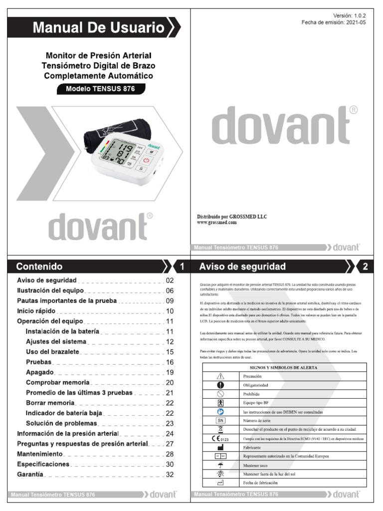 DOVANT Tensiometro TENSUS 876 Manual de Instrucciones DV320101 ...