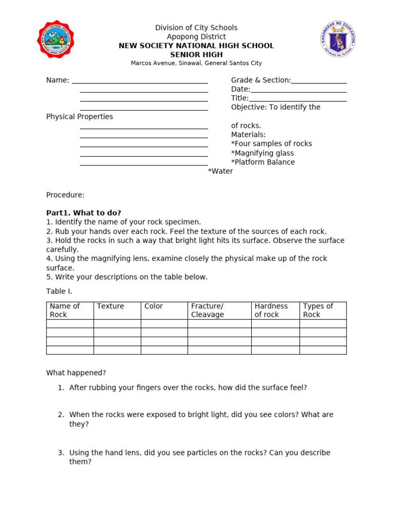 Earth Science Lab Activity July 15 | PDF | Density | Rock (Geology)
