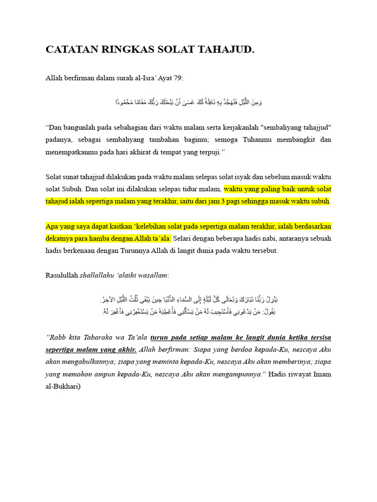 Catatan Ringkas Solat Tahajud | PDF
