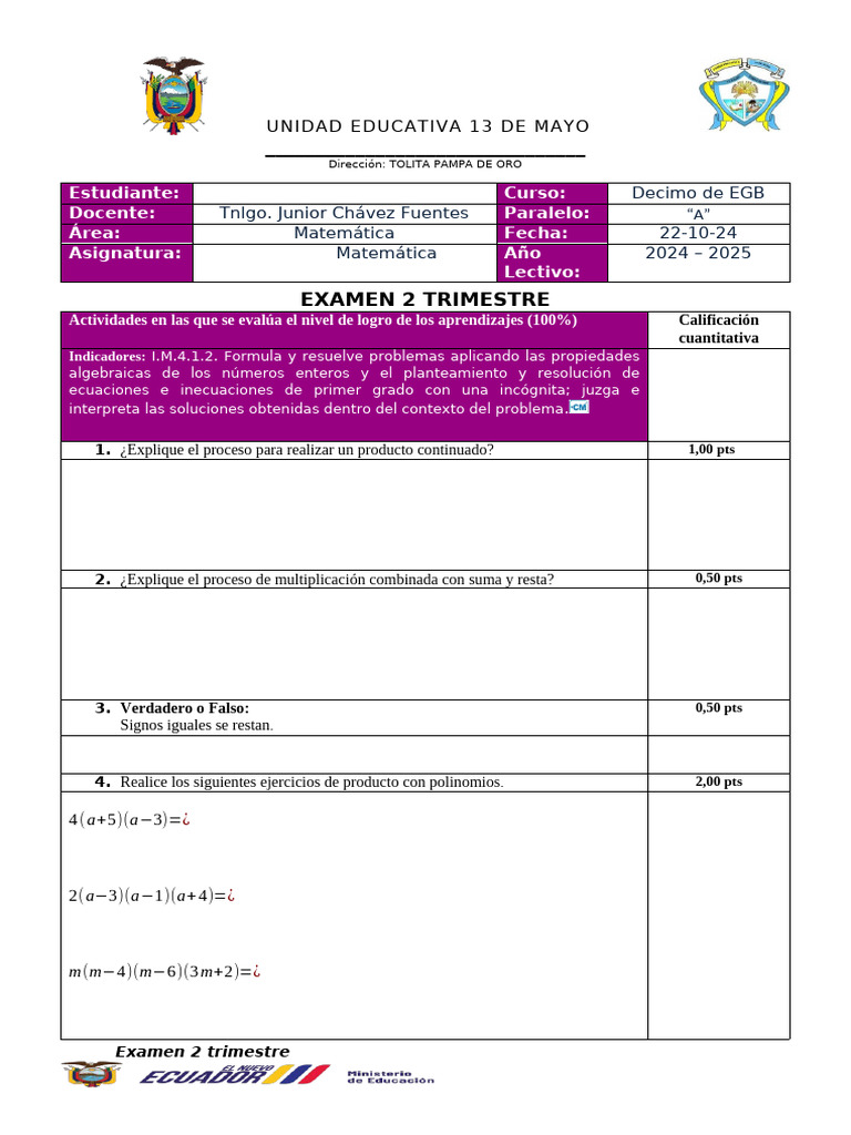 Examen de Mate 2 Tri Decimo | PDF | Multiplicación | Álgebra