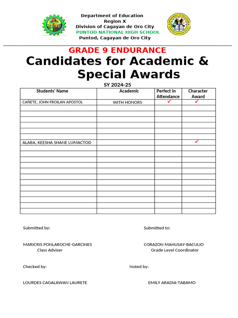List of Academic & Special Awardees | PDF