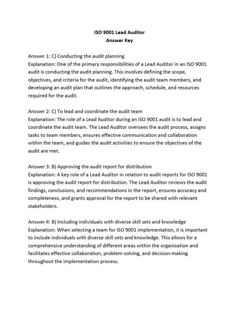 ISO 9001 Lead Auditor Answer Key Guide | PDF | Audit | Quality Management