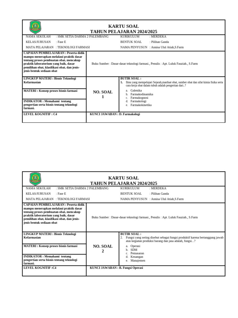 Kartu Soal Kumer Fase e Baru | PDF