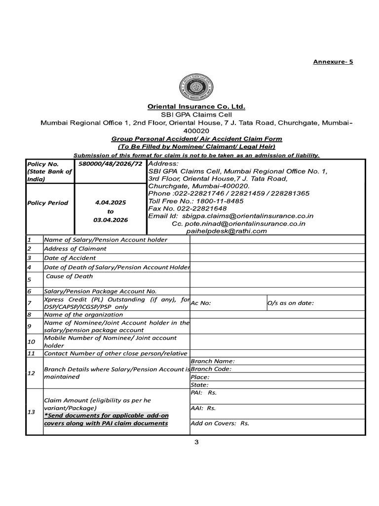 PAI Claim Form | PDF