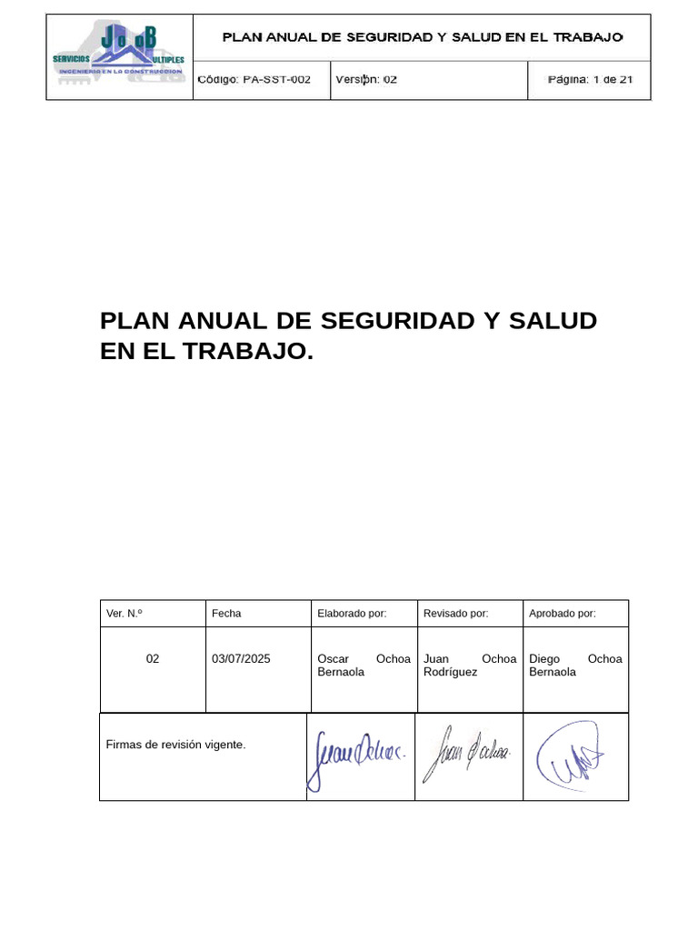 Plan Anual de Seguridad y Salud en El Trabajo | PDF | Seguridad y salud ocupacional | Higiene ...