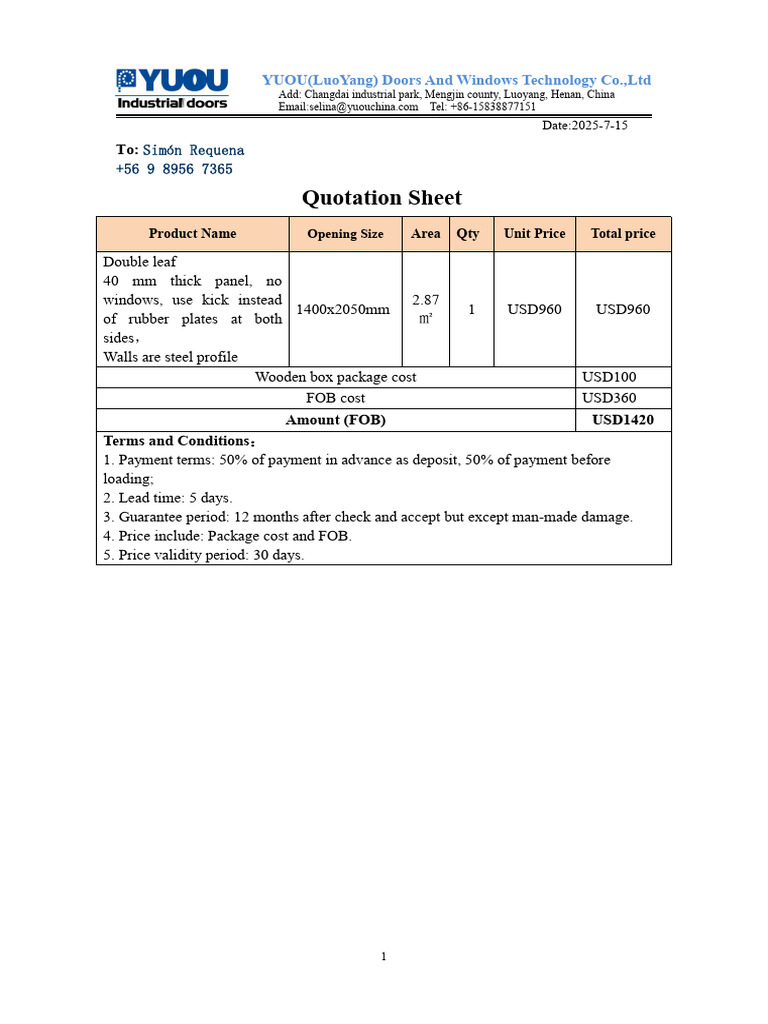 FOB Quotation of Traffic Door | PDF | Door | Materials