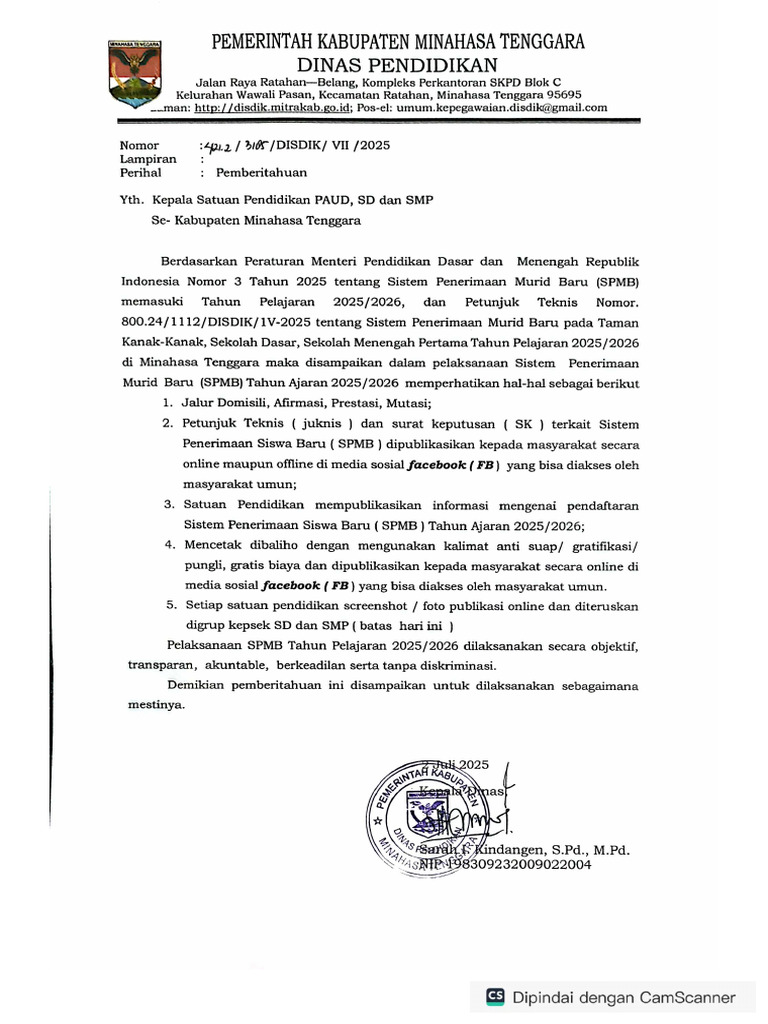 Pemberitahuan SPMB PAUD SD SMP Tahun Ajaran 20252026 | PDF