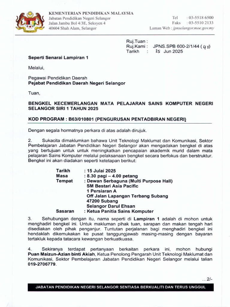 Bengkel Kecemerlangan Mata Pelajaran Sains Komputer Negeri Selangor | PDF