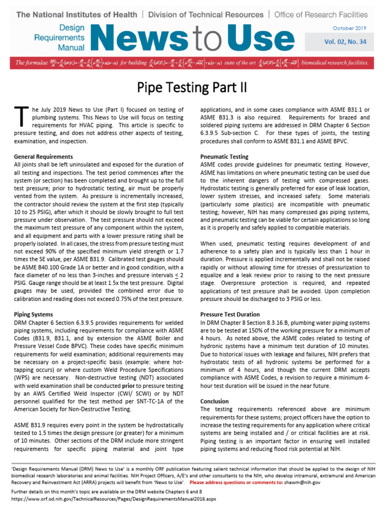 Pipe Testing Part II - October 2019 News To Use - 508 | PDF | Plumbing ...