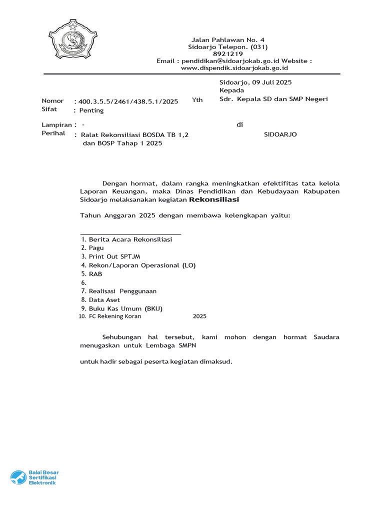 Ralat Undangan Rekosiliasi BOSDA TB 1,2 Dan BOSP Tahap 1 Tahun 2025 | PDF