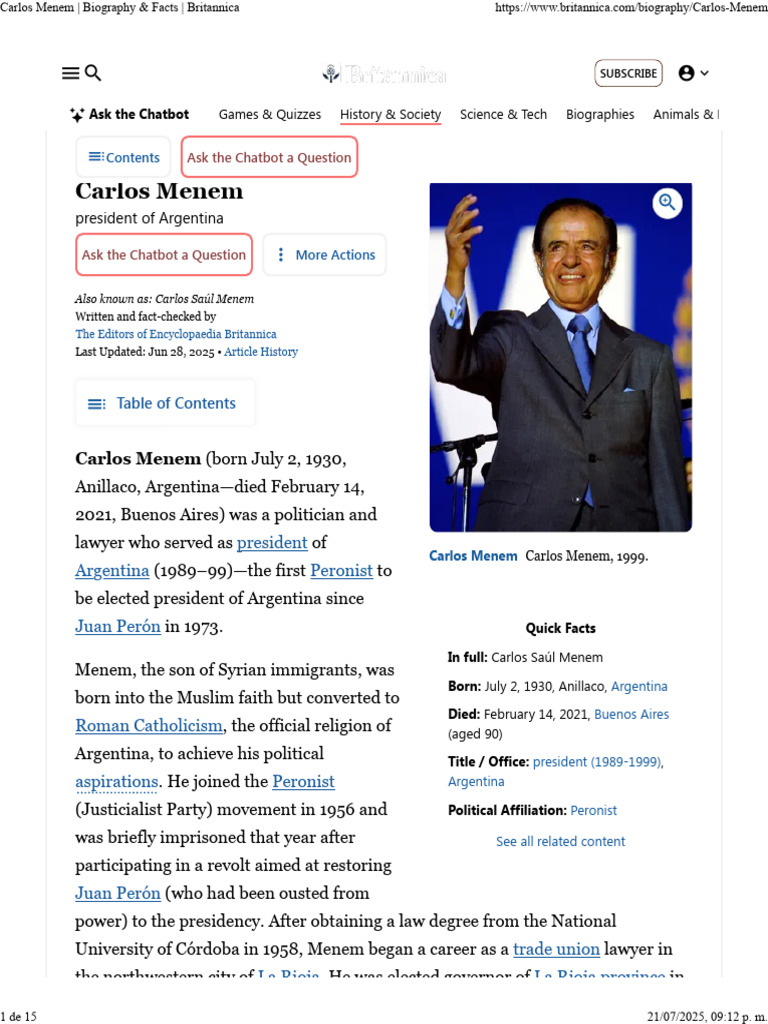 Carlos Menem - Biography & Facts - Britannica | PDF | Argentina | South America