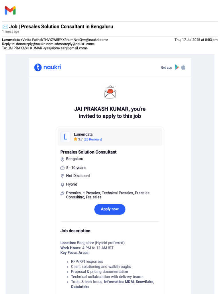 Gmail - Job - Presales Solution Consultant in Bengaluru | PDF ...