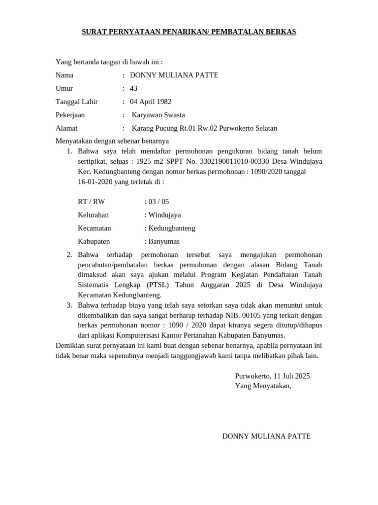 Surat Pernyataan Pembatalan Berkas | PDF