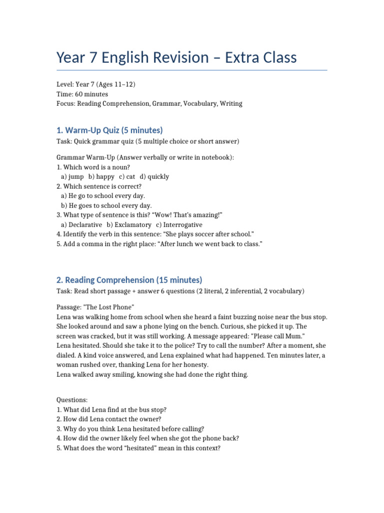 Year 7 English Revision Class Plan | PDF | Sentence (Linguistics ...
