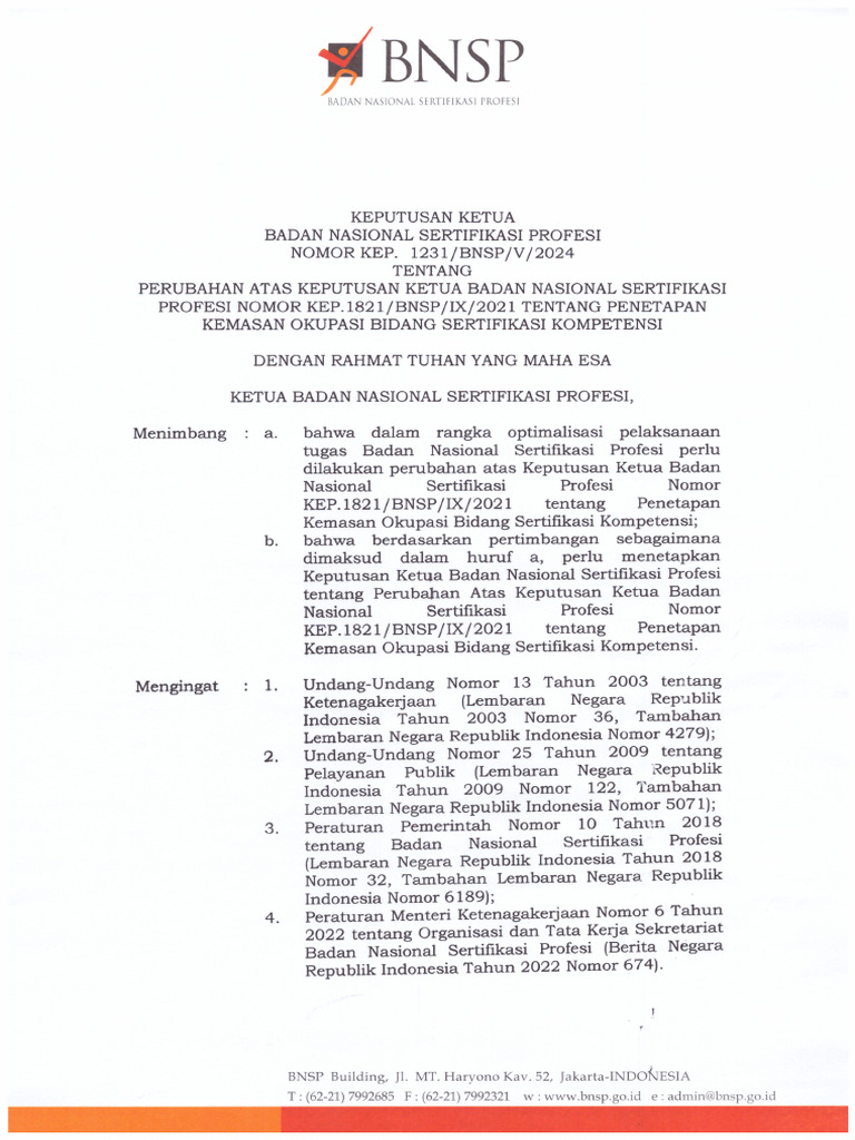 SK BNSP Perubahan Atas Keputusan Ketua BNSP Nomor 1821 Tentang Penetapan Kemasan Okupasi Bidang ...