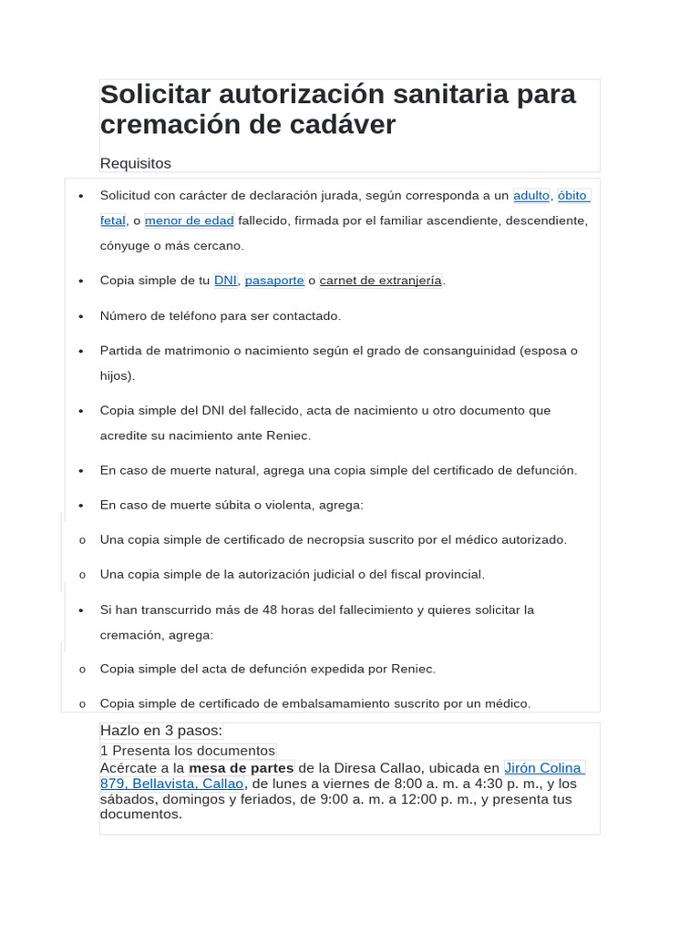 Solicitar Autorización Sanitaria para Cremación de Cadáver | PDF