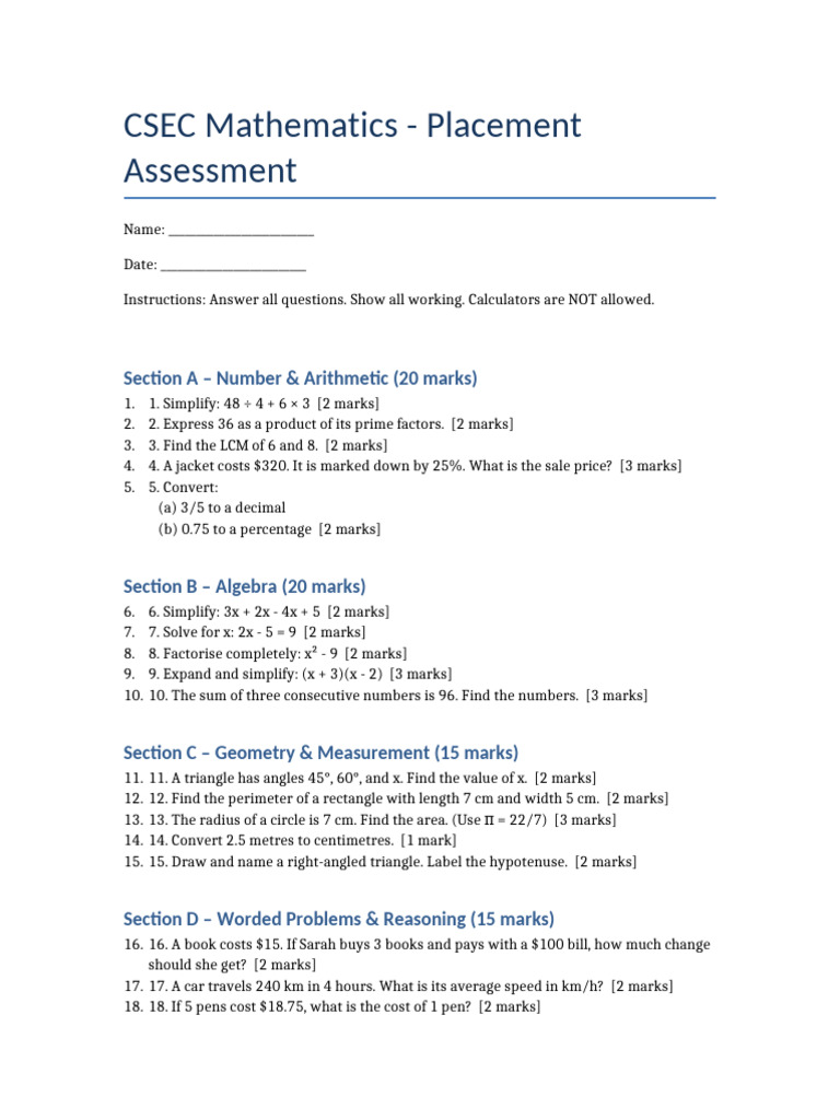 CSEC Maths Placement Test | PDF