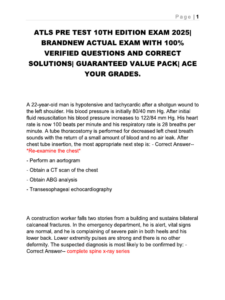 Atls Pre Test 10th Edition Exam 2025 | PDF