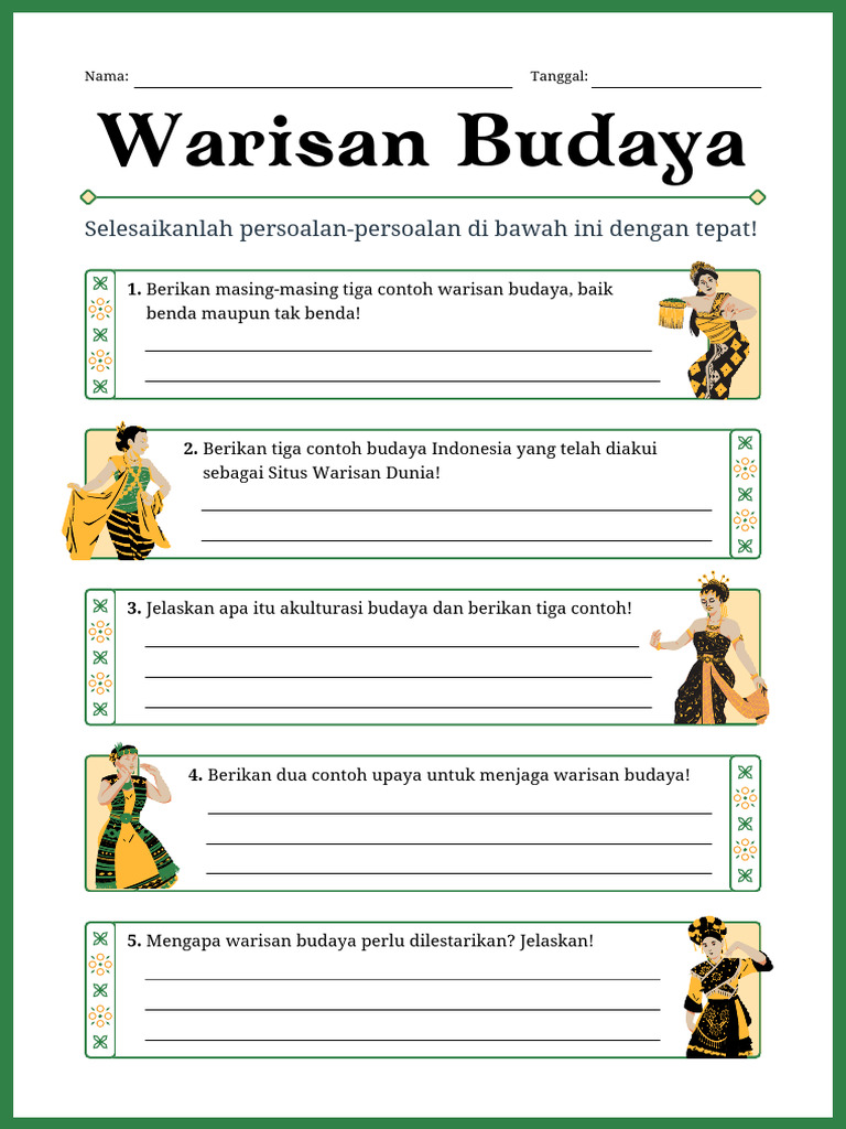 Warisan Budaya Indonesia Lembar Kerja Pendidikan Kuning Hijau Ilustrasi Bingkai PDF | PDF