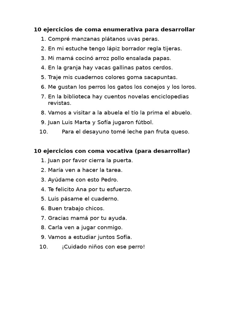Ejercicios de coma enumerativa y vocativa | PDF