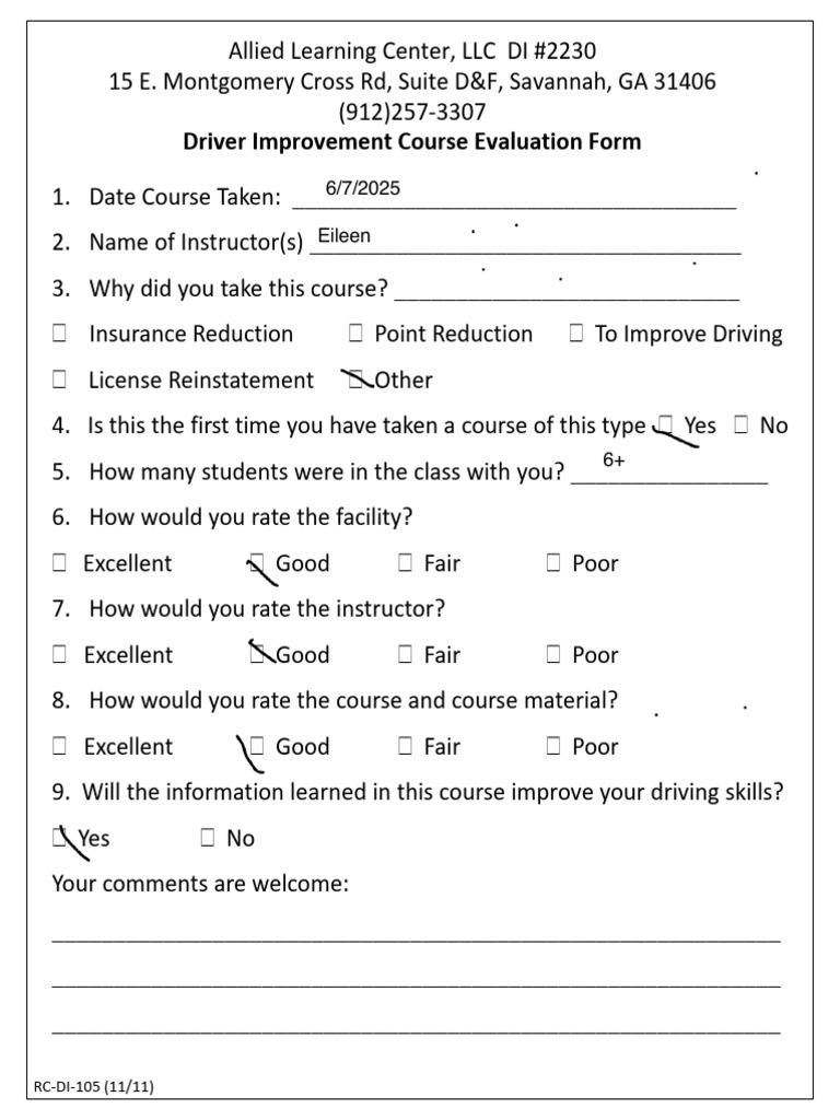 Driver Improvement Course Feedback Form | PDF