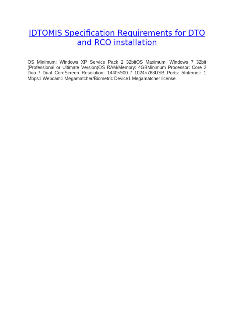IDTOMIS Specification Requirements For DTO and RCO Installation | PDF