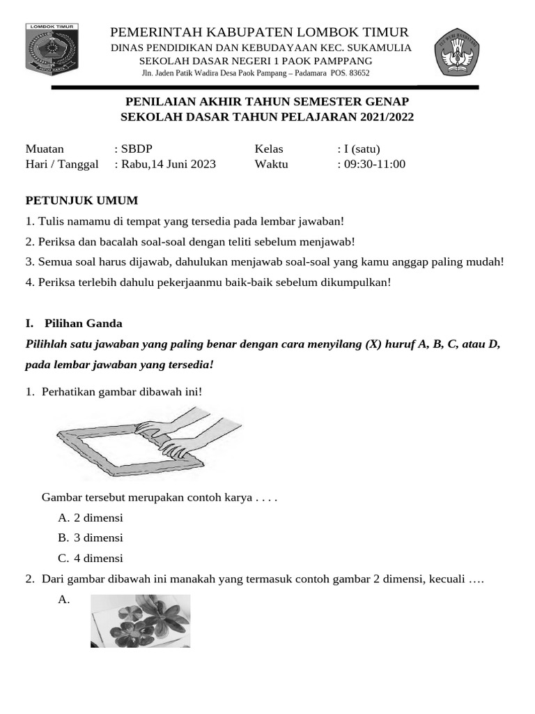 Soal Pat SBDP Kelas 1 Semester 2 2021-2022 | PDF