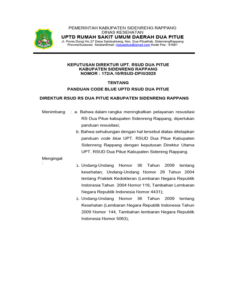Panduan Code Blue RSUD Dua Pitue | PDF