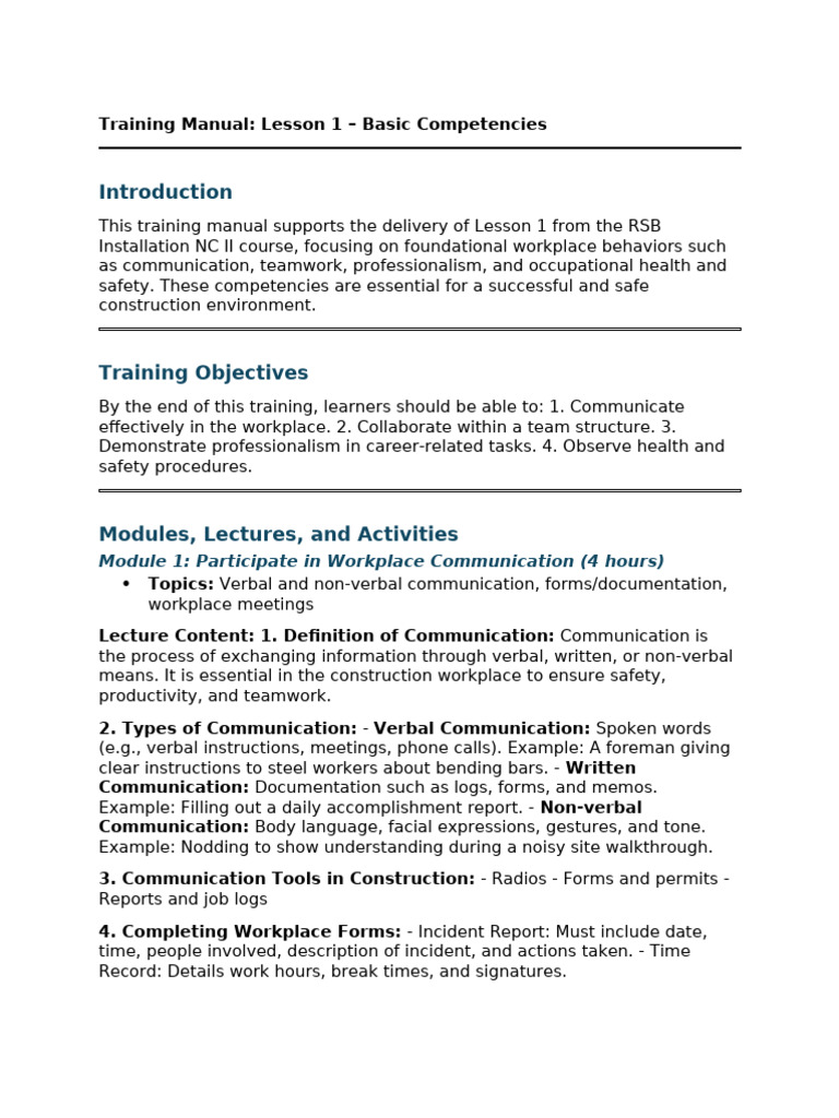 RSB Lesson Plans CBLM LESSON 1 | PDF | Occupational Safety And Health ...