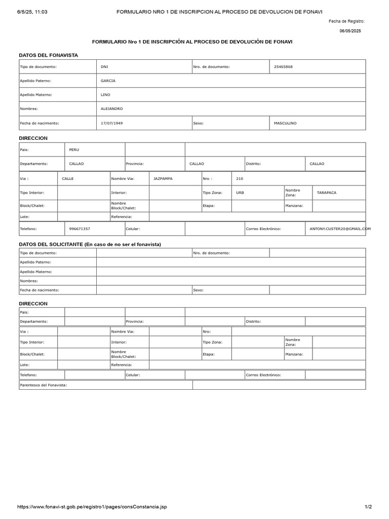 Formulario Nro 1 de Inscripcion Al Proceso de Devolucion de Fonavi1 | PDF | Autenticación