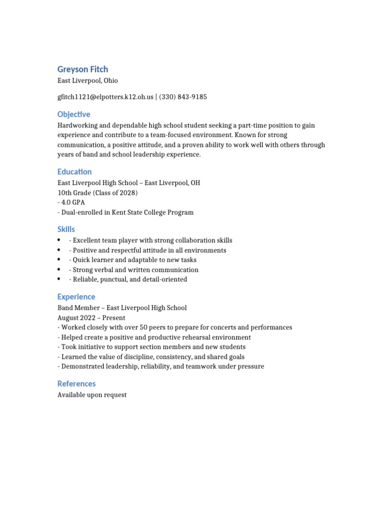 High School Student Resume for Part-Time Job | PDF