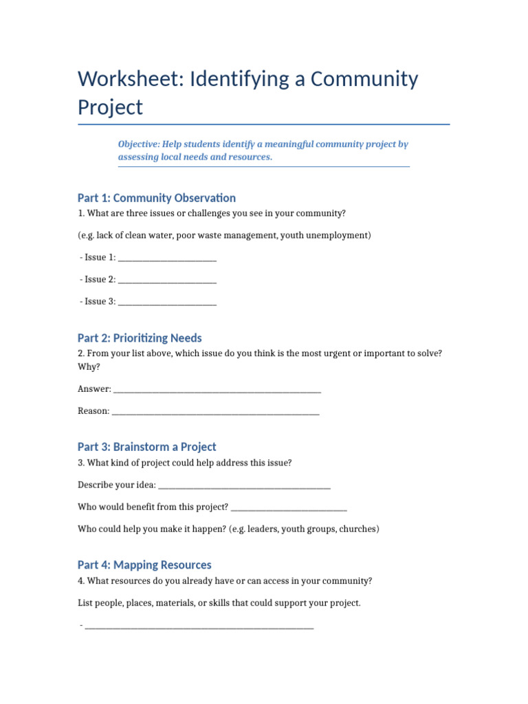 Identifying Community Project Worksheet | PDF