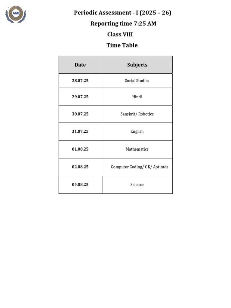 Class 8th PA-1 Time Table 2025-26 | PDF