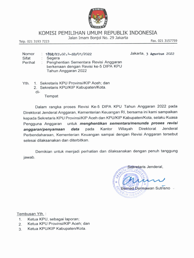 1892 - SD SJ - Pengehentian Sementara Revisi Ke-5 DIPA KPU TA 2022 | PDF