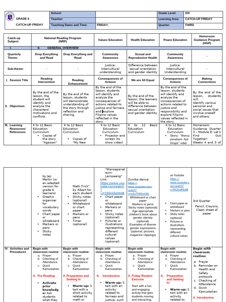 Grade 6 Catch-Up Friday Lesson Plan | PDF | Gender | Gender Studies