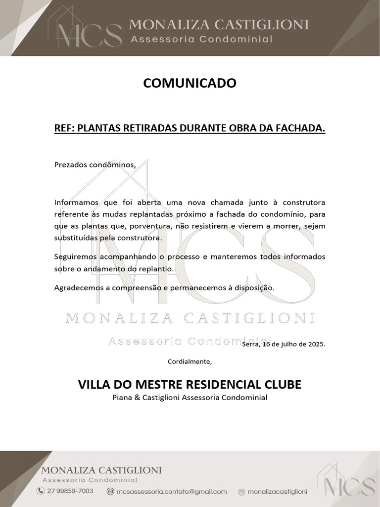 Comunicado - Plantas Retiradas Durante Obra Da Fachada | PDF