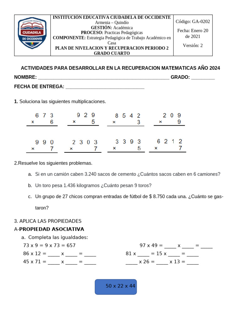 Recuperacion Grado Cuarto Periodo 2 Matematicas | PDF