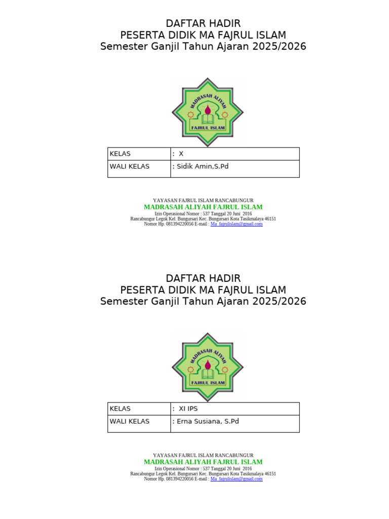Cover Daftar Hadir Kelas | PDF