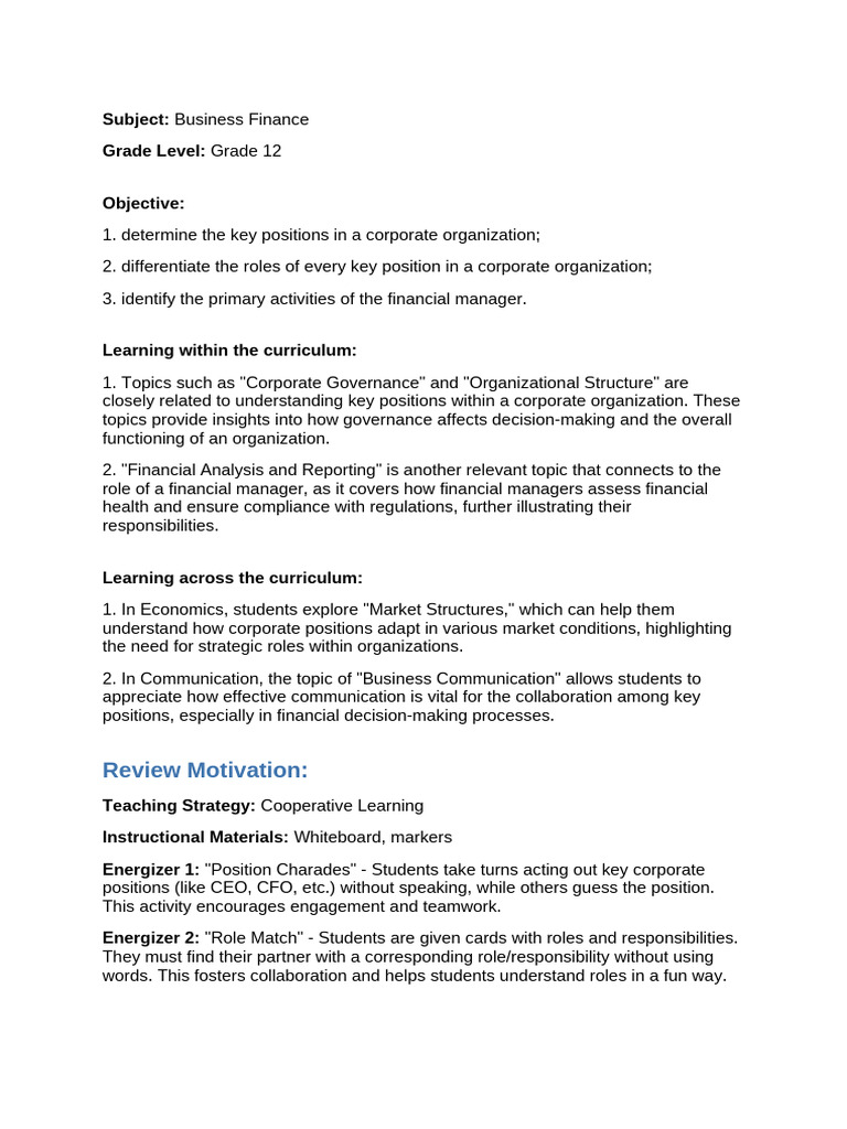 Lesson - Plan-Business Finance | PDF | Governance | Decision Making