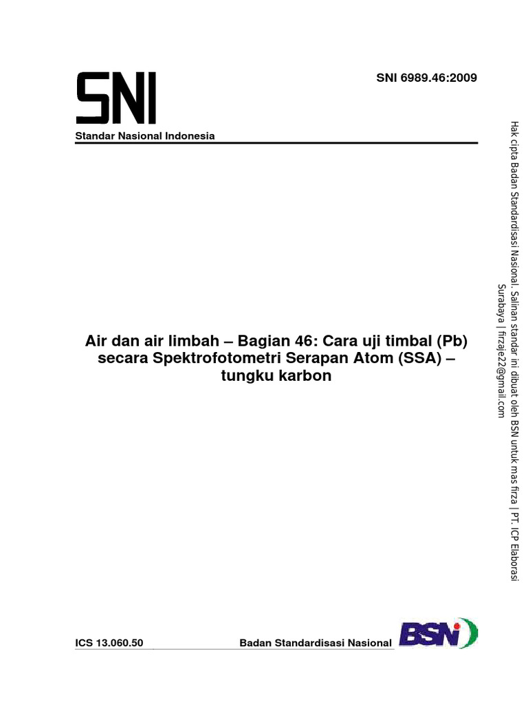 SNI 6989.46-2009 Air Dan Air Limbah - Bagian 46 Cara Uji Timbal (PB ...