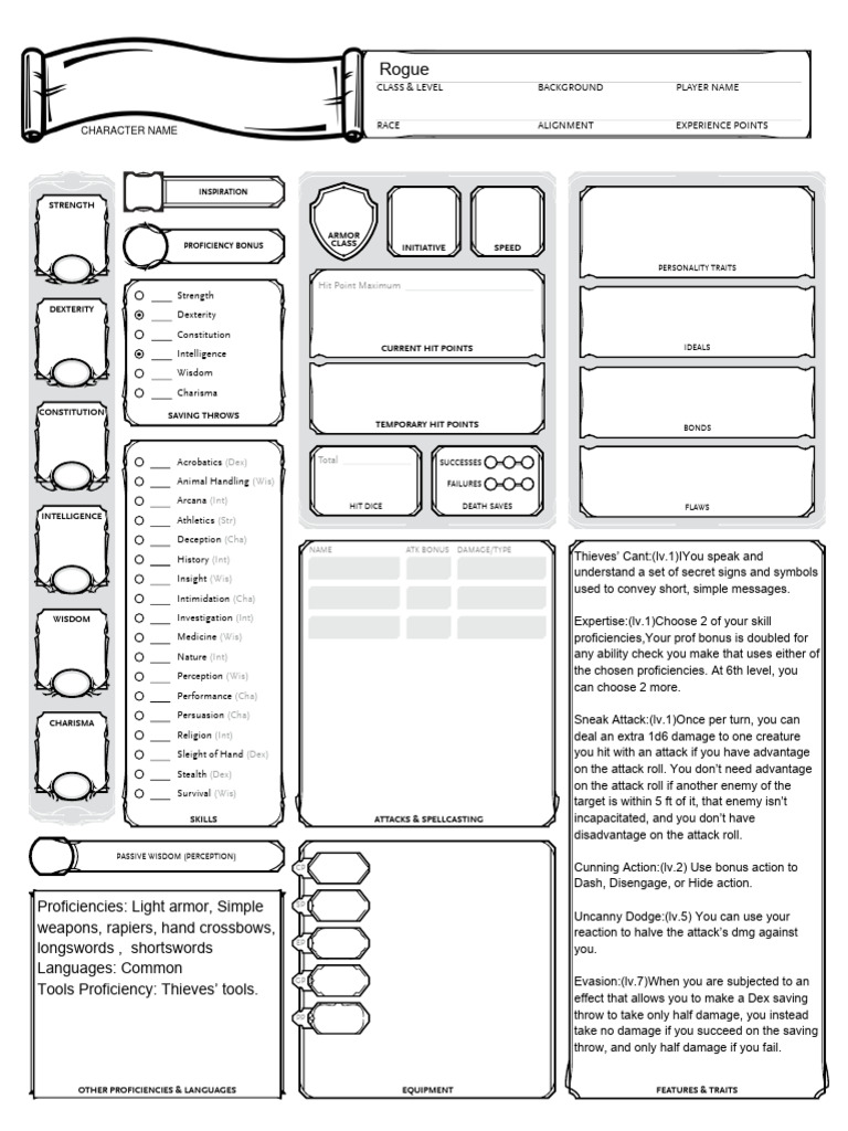 Rogue Character Sheet Filled Out Form | PDF | Fantasy Role Playing ...