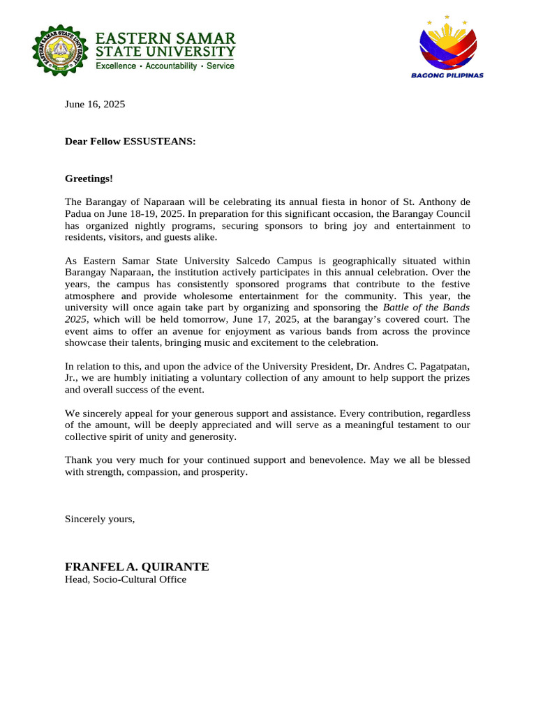 Request for Support: Battle of the Bands | PDF